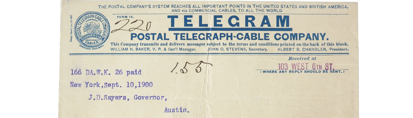Telegrams from Galveston Hurricane of 1900 | Bullock Texas State ...