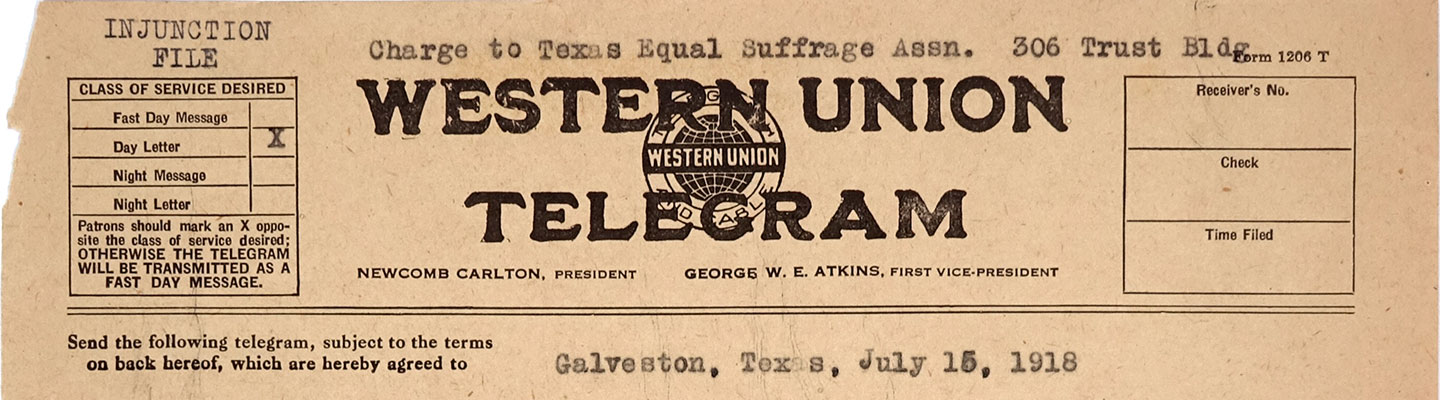 Suffrage telegram | Bullock Texas State History Museum